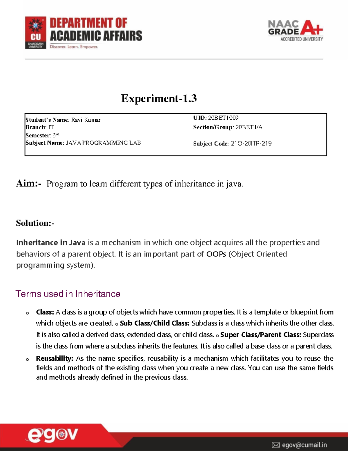Worksheet 1 - fvdbg - Experiment-1. ####### Student’s Name: Ravi Kumar ...