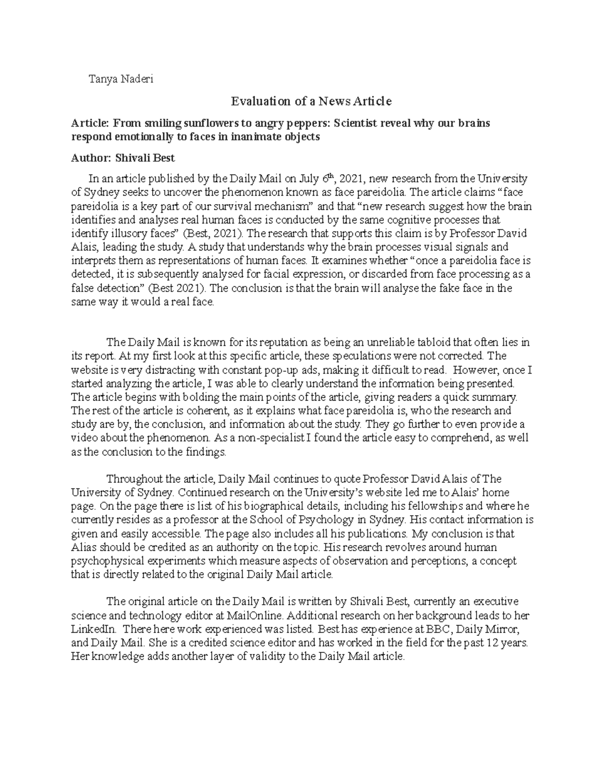 Evaluation of a News Article Philos 1030 - Tanya Naderi Evaluation of a ...