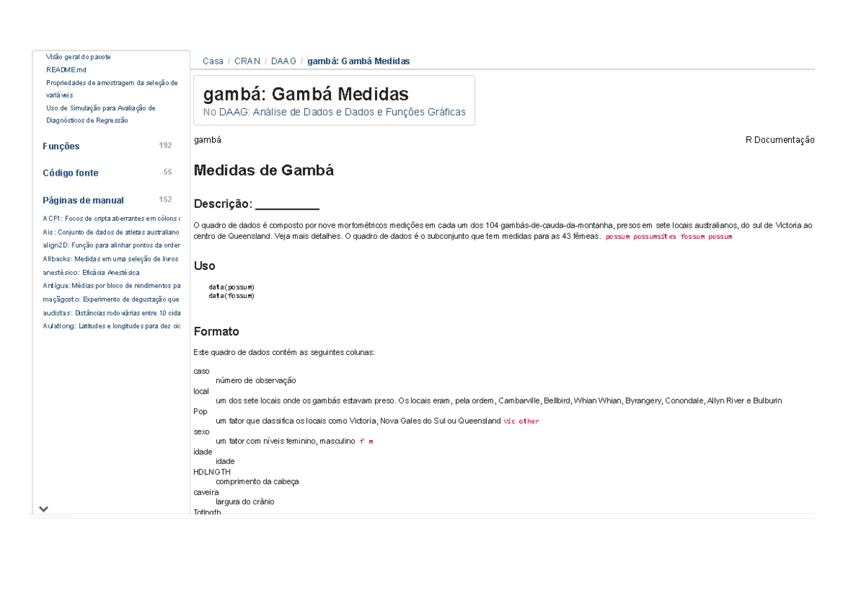Gambá Medições de gambá no DAAG Análise de Dados e Dados e Funções ...
