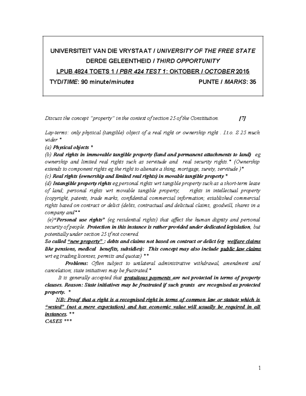 Toetse Tests 1 & 2 Derde geleentheid LPUB 4824 OKT 2015 F MEMO Toets 1 ...