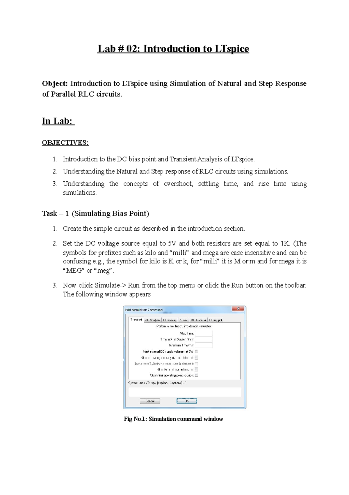 ECA 2 LR2 - LAB REPORT 3 OF ECA 2 - Lab # 02: Introduction to LTspice Object: Introduction to ...