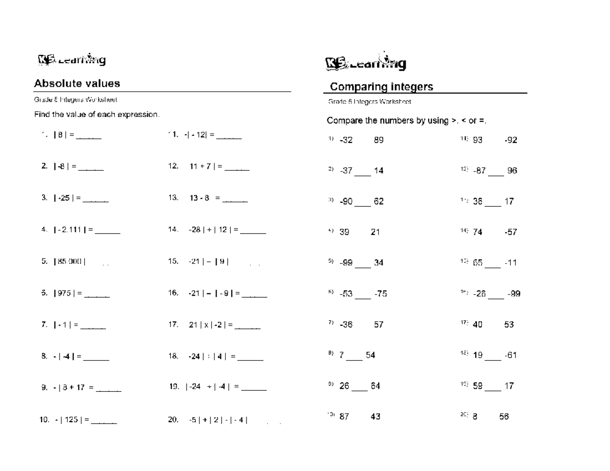 Math - integers - Blearing K5 Learning Absolute values Comparing ...