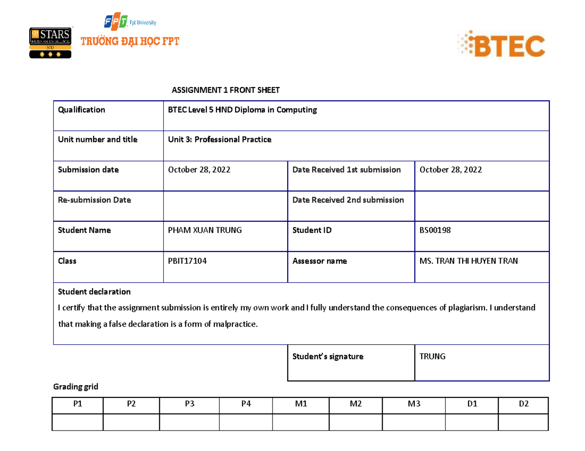 ASM1 Professional Practice - ASSIGNMENT 1 FRONT SHEET Qualification BTEC Level 5 HND Diploma in ...