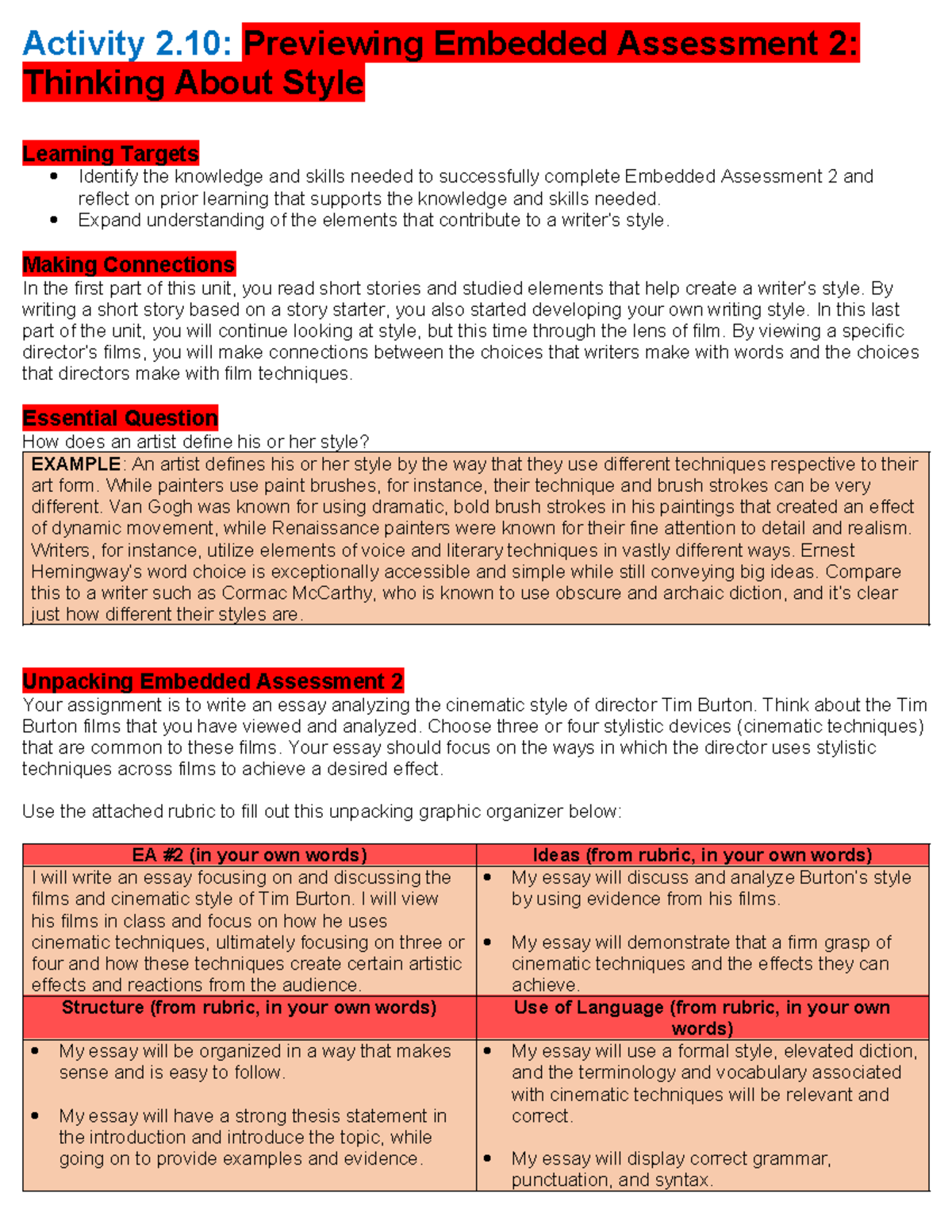 2.10 Thinking About Style - Activity 2: Previewing Embedded Assessment ...