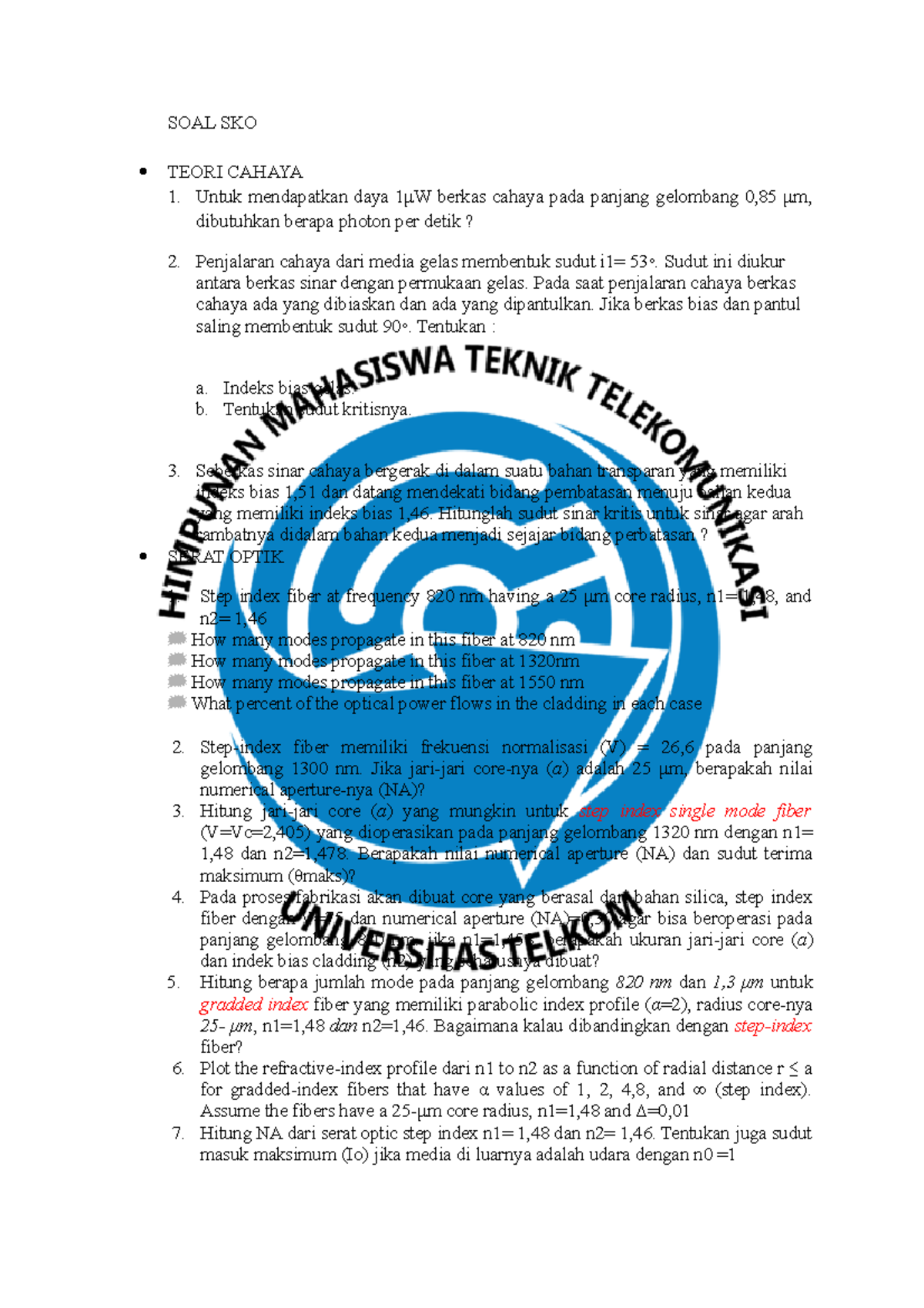 Soal sko2 - Kisi kisi soal UTS/UAs - SOAL SKO TEORI CAHAYA Untuk ...