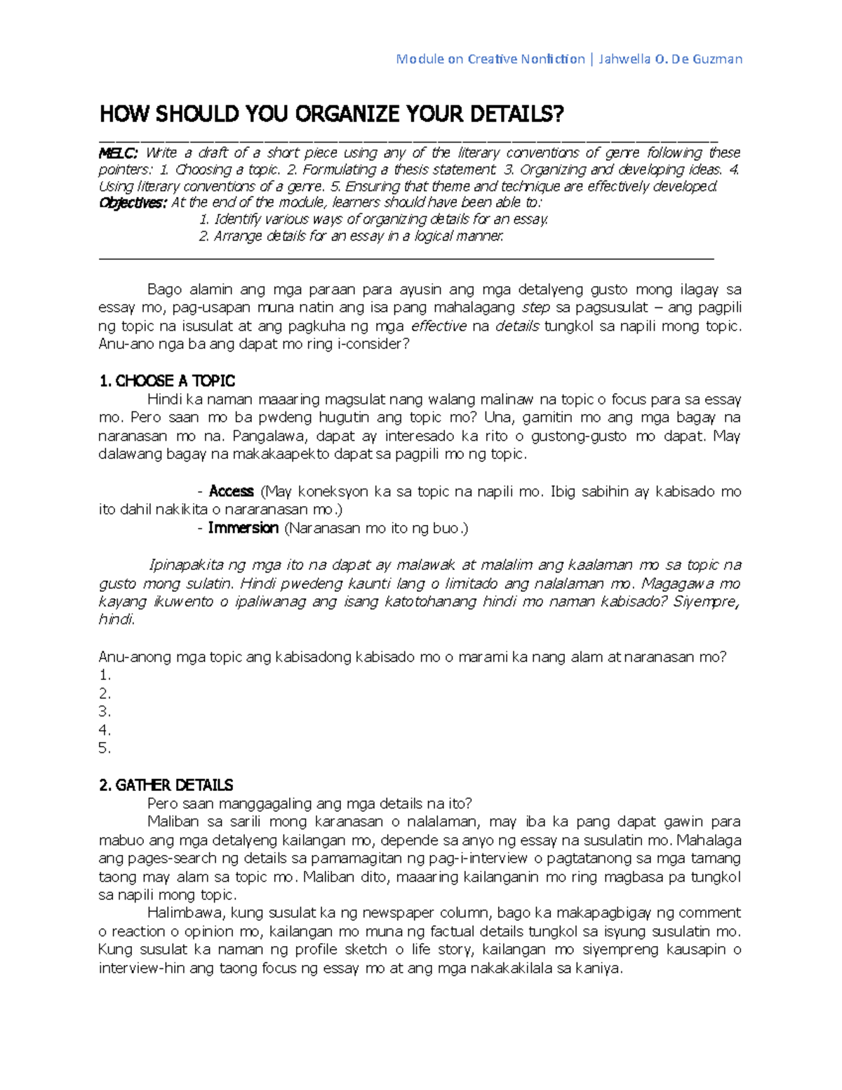 Organizing Details (Creative Nonfiction) - HOW SHOULD YOU ORGANIZE YOUR ...
