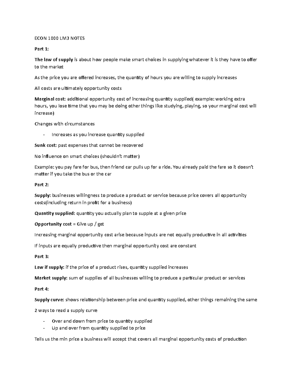 Lecture Module 3 Notes - Chapter 3 | Law of Supply - ECON 1000 LM3 ...