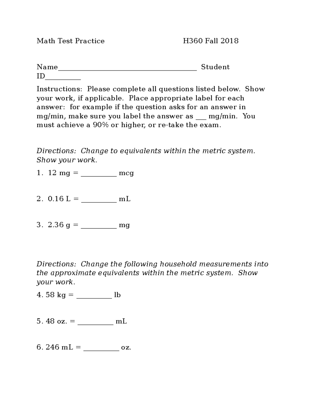 MATH Practice - Math Test Practice H360 Fall 2018 Name