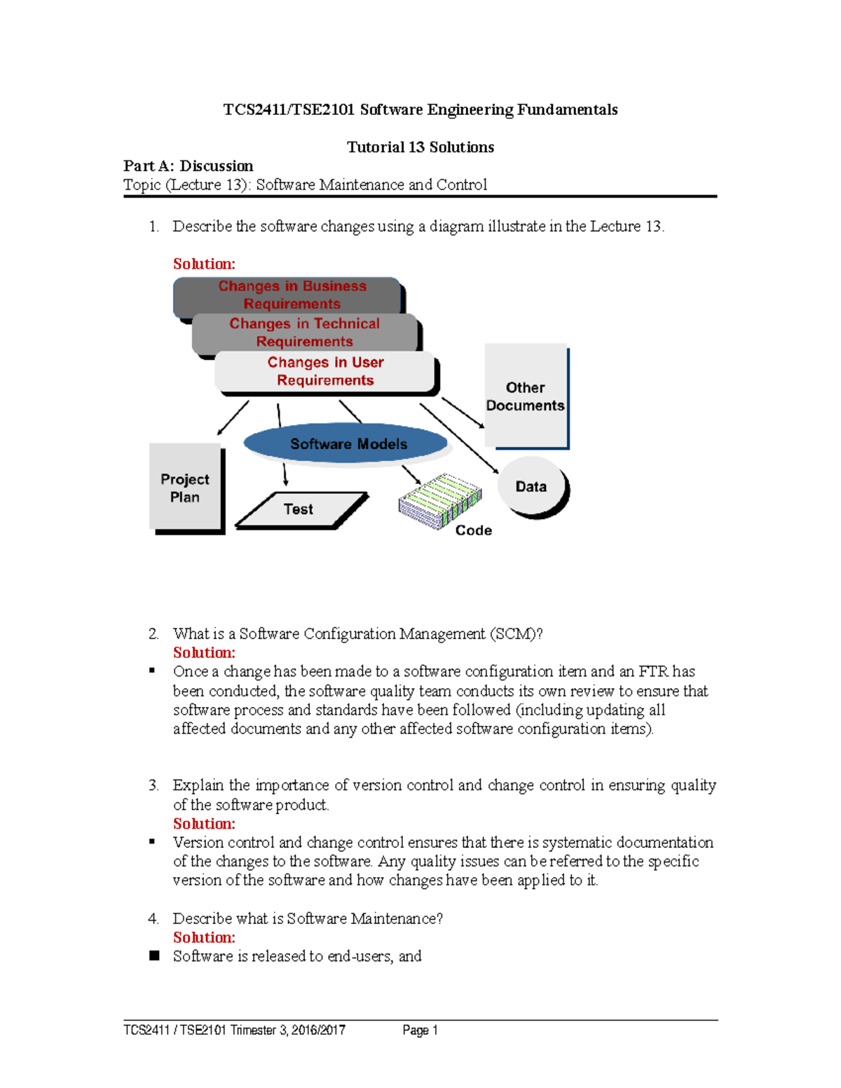171491 Tut13v1 - solutions - TCS2411/TSE2101 Software Engineering Fundamentals Tutorial 13 ...