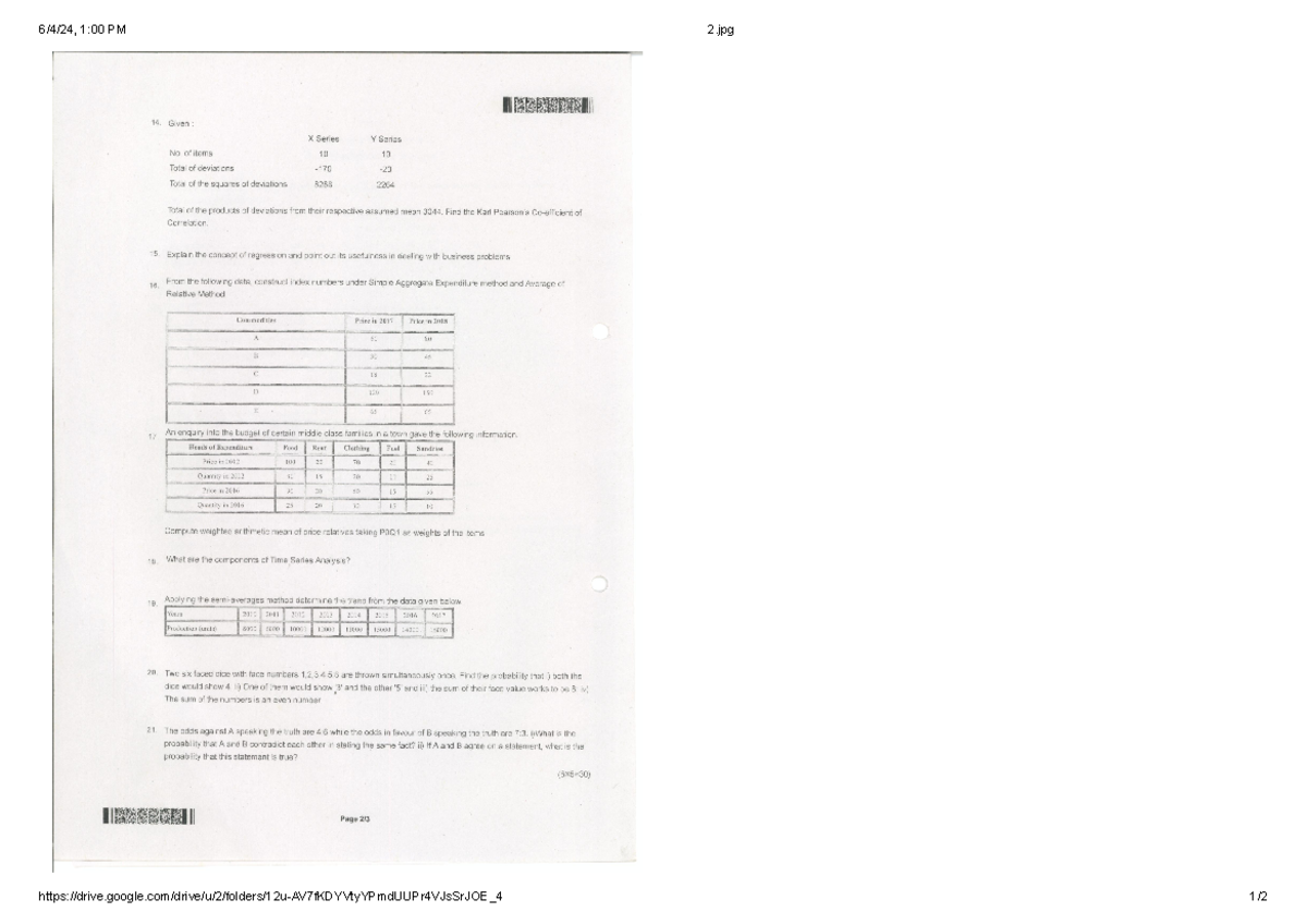 2019 QT2 QP(4)_ - 1:00 PM 2 14. Given X Series Y Series No. of items 10 10 Total of deviations ...