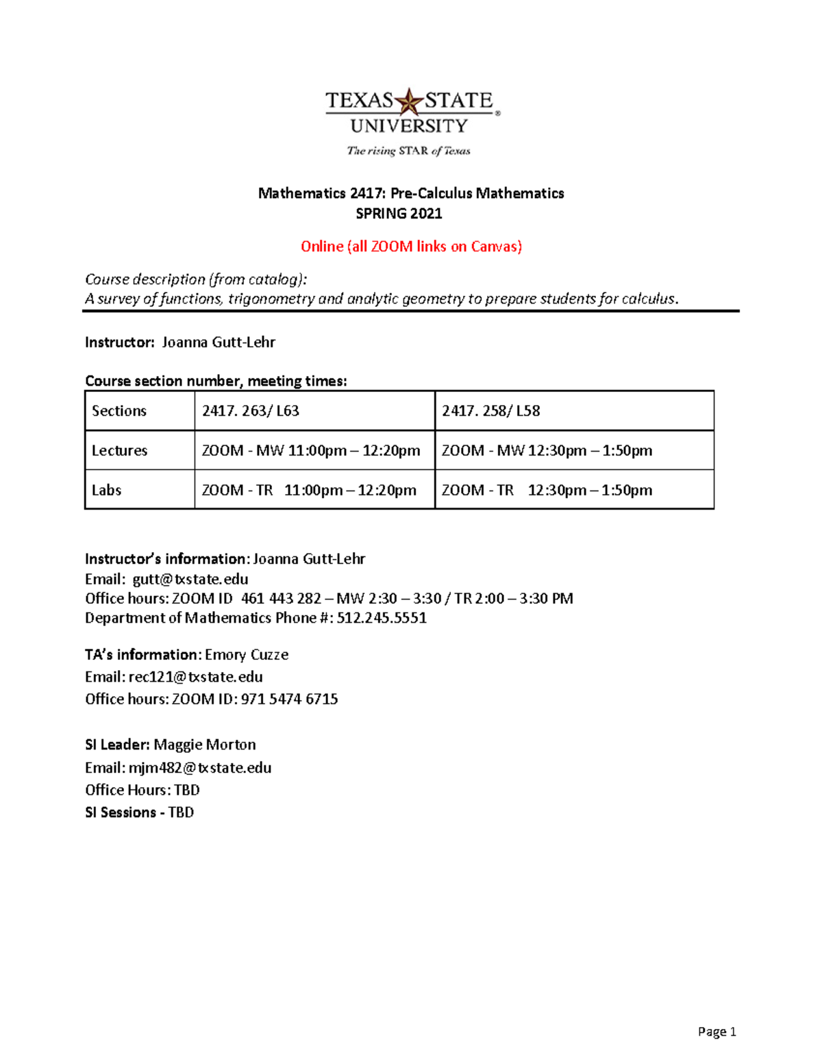 Syllabus - MATH2417 Section 258 Spring 2021 - Mathematics 2417: Pre ...