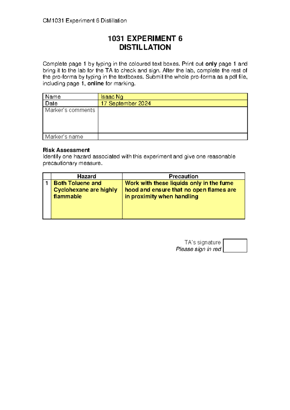 Proforma Expt 6dist 2019 copy - CM1031 Experiment 6 Distillation 1031 ...