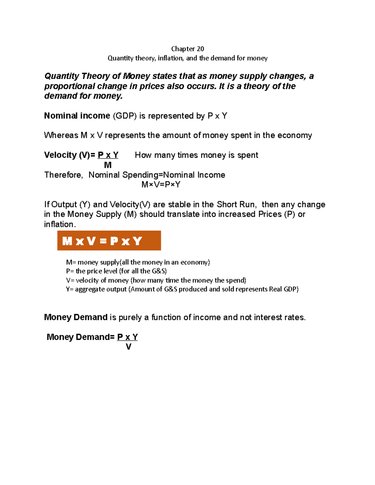 Chapter 20) - Lecture notes 12 - Chapter 20 Quantity theory, inflation ...