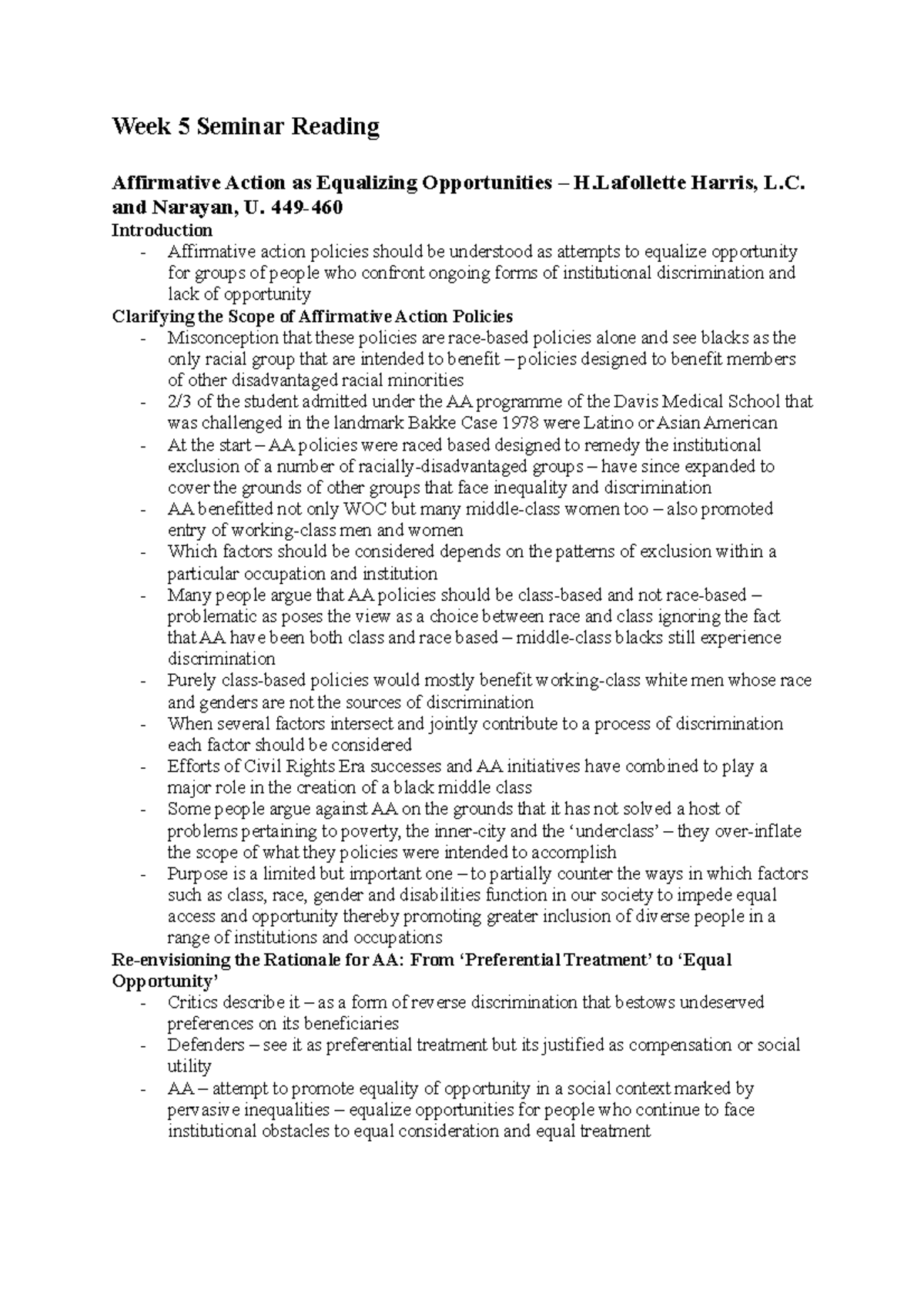 Seminar 5 - Affirmative Action - Week 5 Seminar Reading Affirmative ...