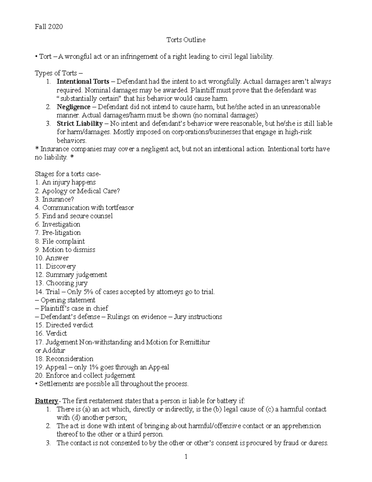 Todd Torts Outline - Duty in negligence - Torts Outline Tort – A ...