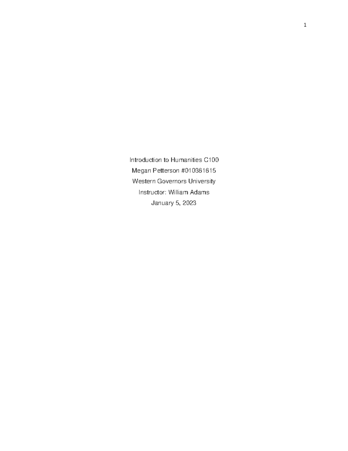 Intro to Humanities C100 - 1 Introduction to Humanities C Megan ...