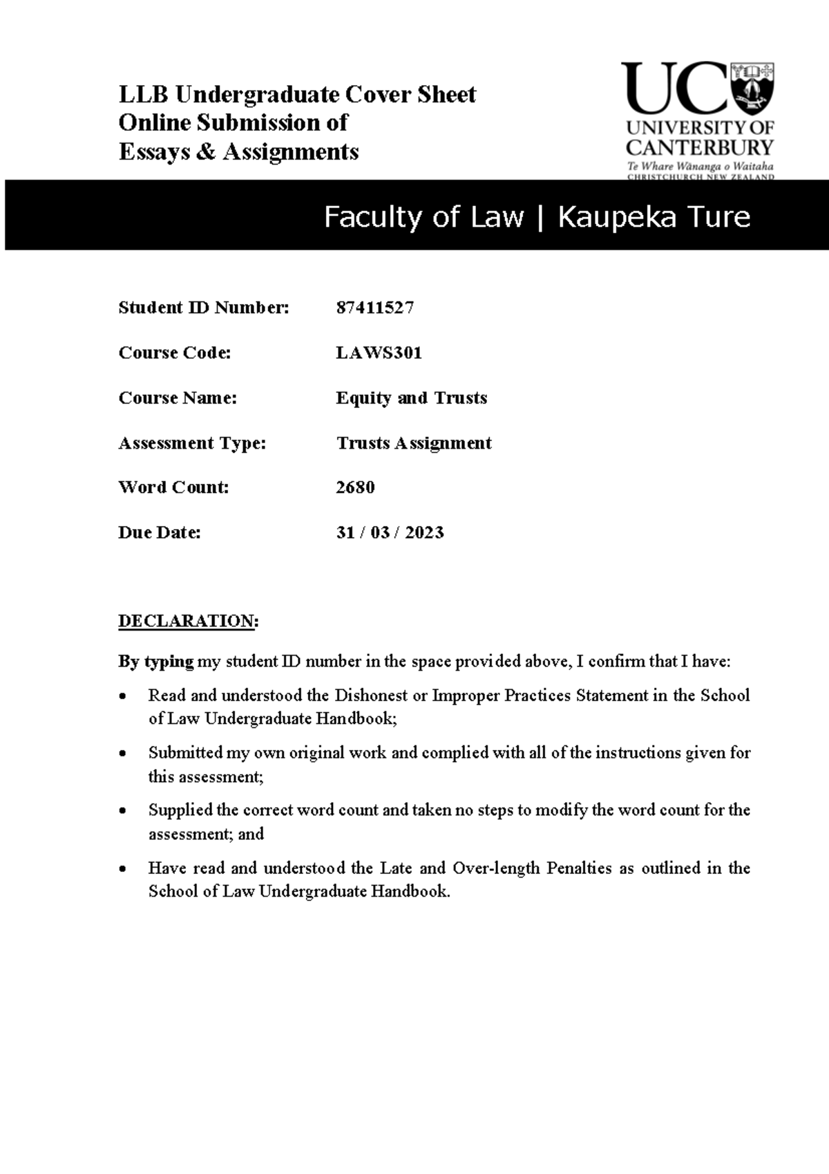 Law 301 Assignment * - LLB Undergraduate Cover Sheet Online Submission ...