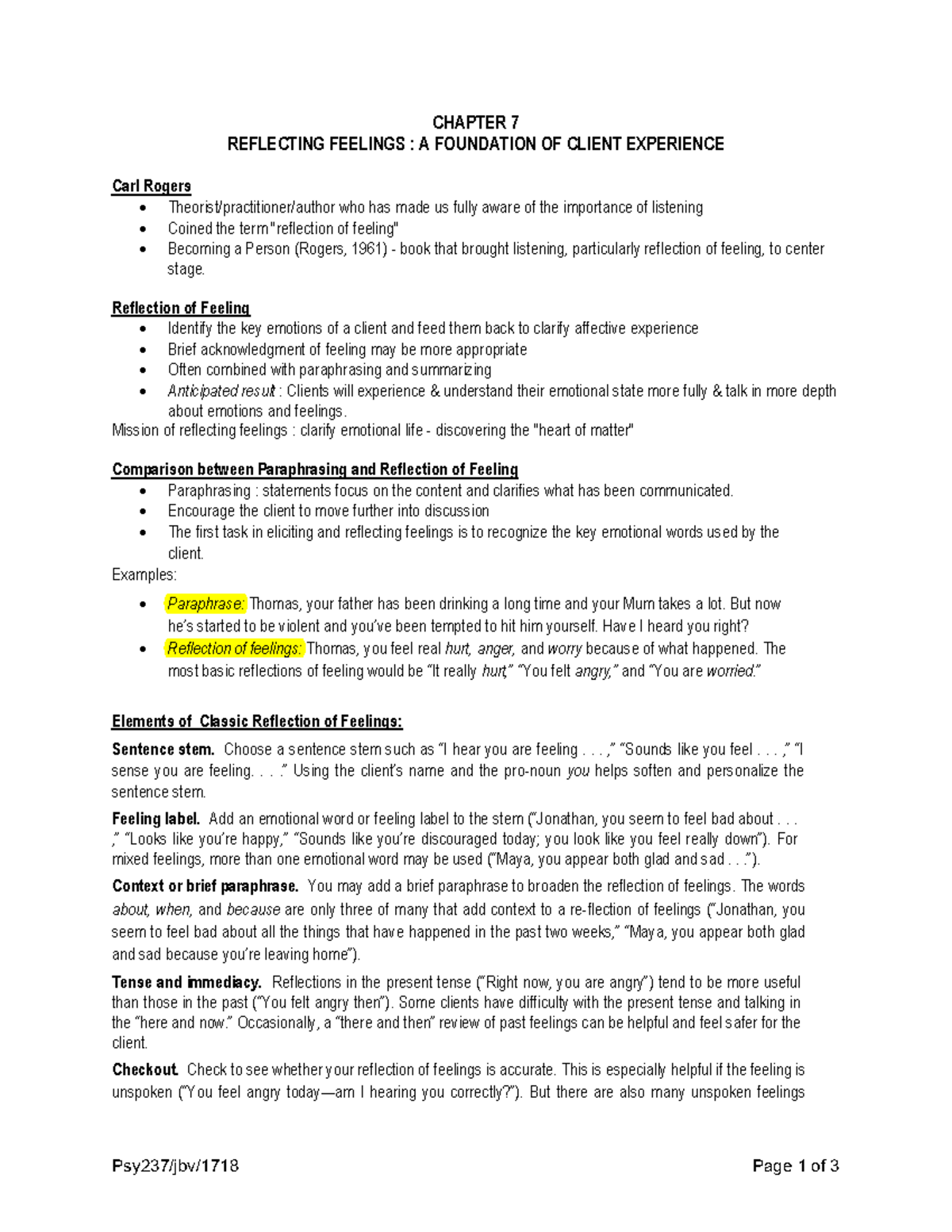 5 Reflecting Feelings - Lecture notes 1 - CHAPTER 7 REFLECTING FEELINGS ...