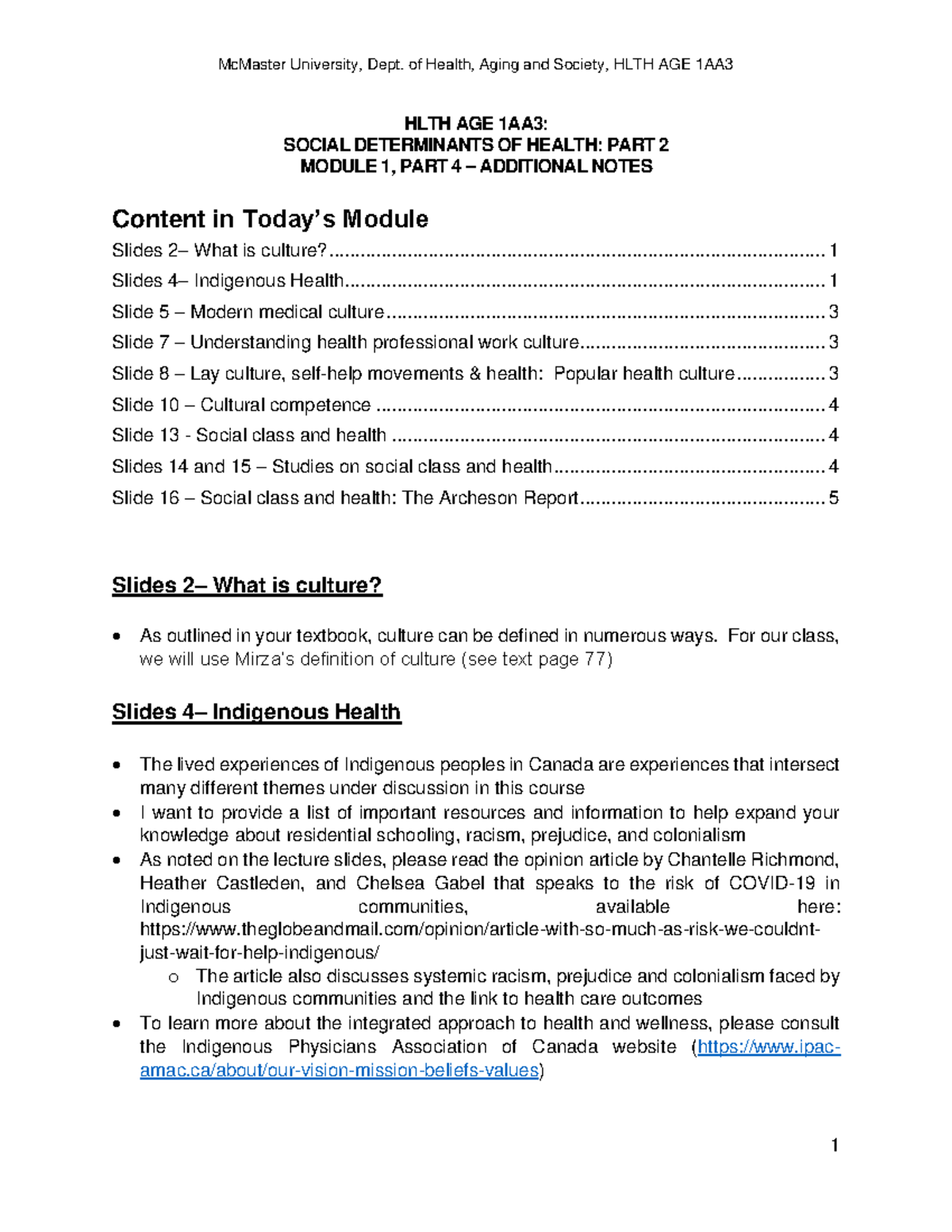 Module 1 - Part 4 - Additional notes - HLTH AGE 1AA3: SOCIAL ...