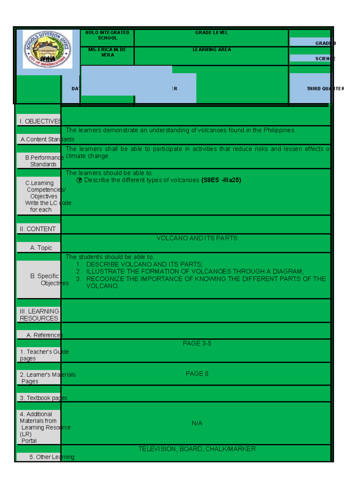 7e lesson plan volcano - SCH OOL HULO INTEGRATED SCHOOL GRADE LEVEL ...