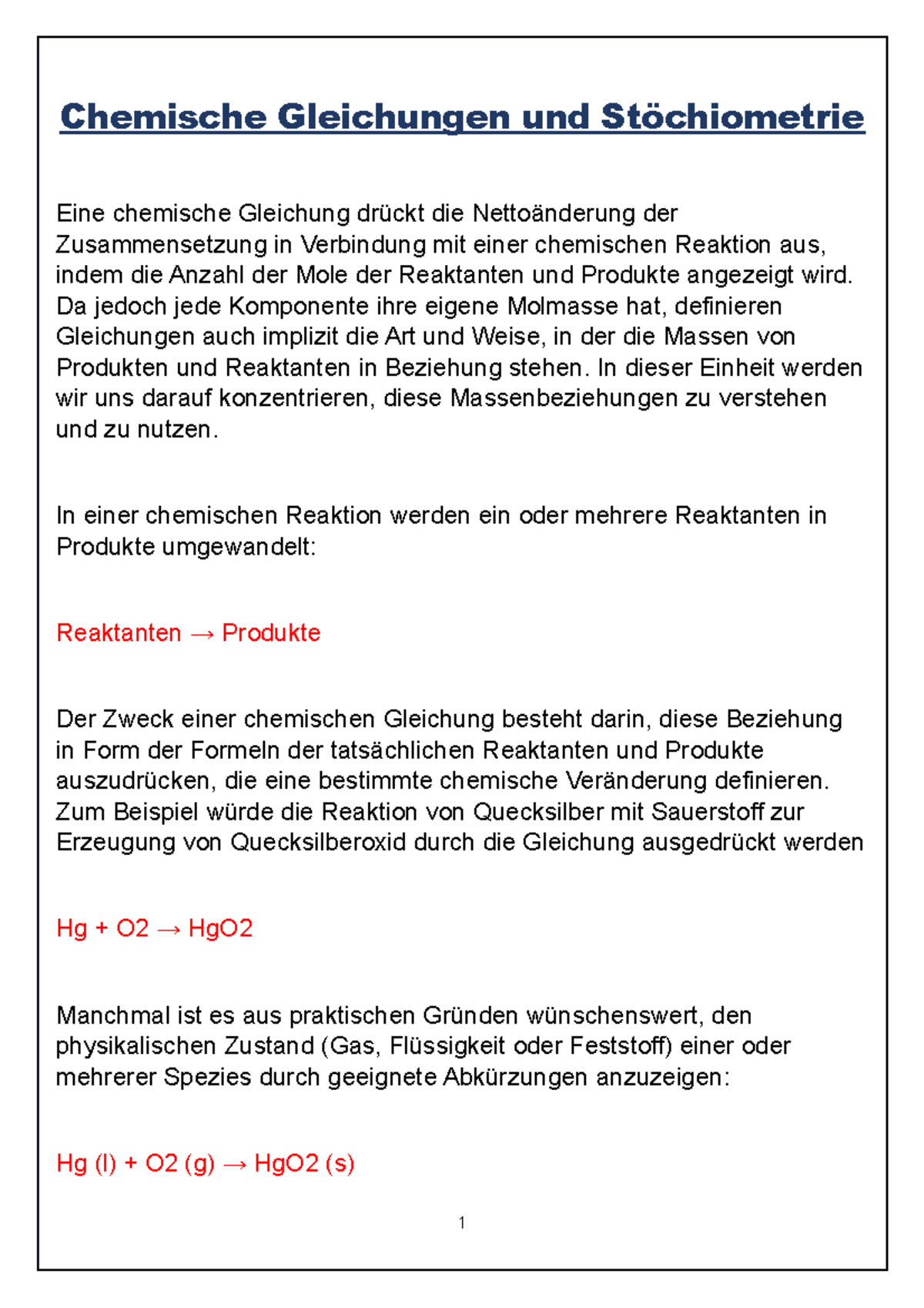 Chemische Gleichungen und Stöchiometrie - Chemische Gleichungen und ...