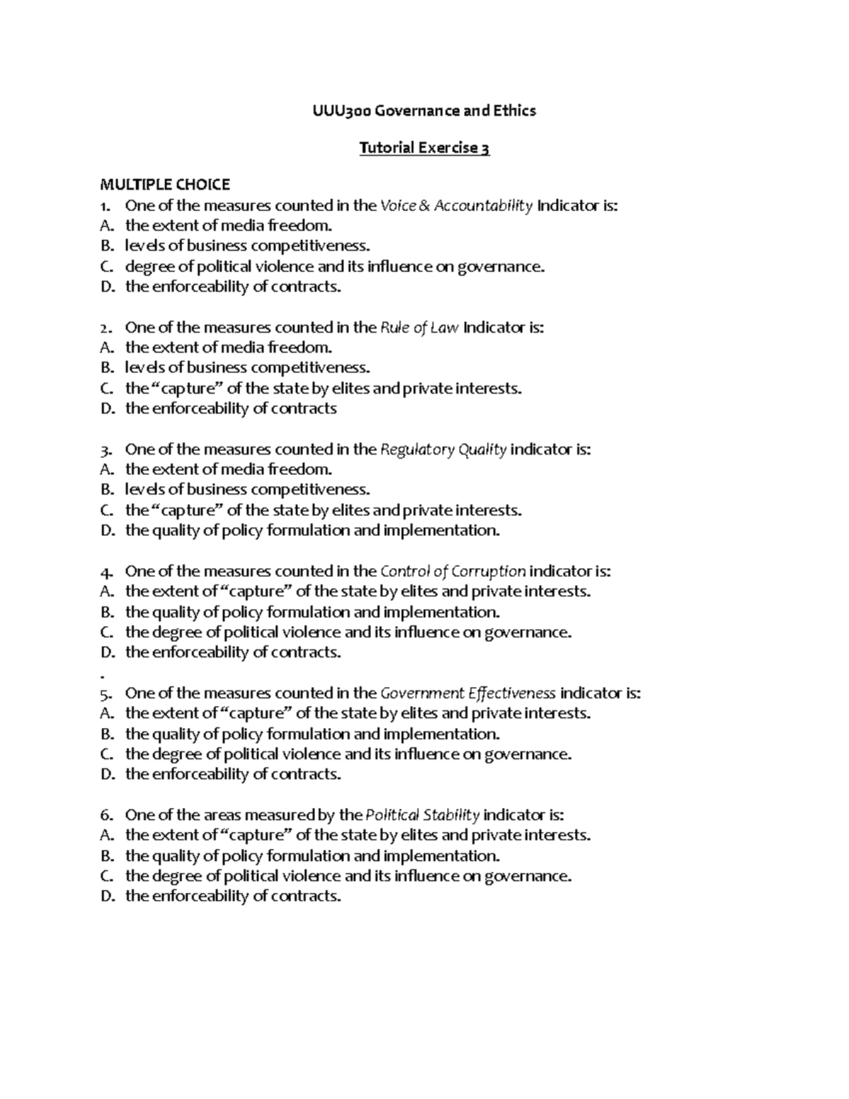 Tutorial questions - UUU300 Governance and Ethics Tutorial Exercise 3 ...