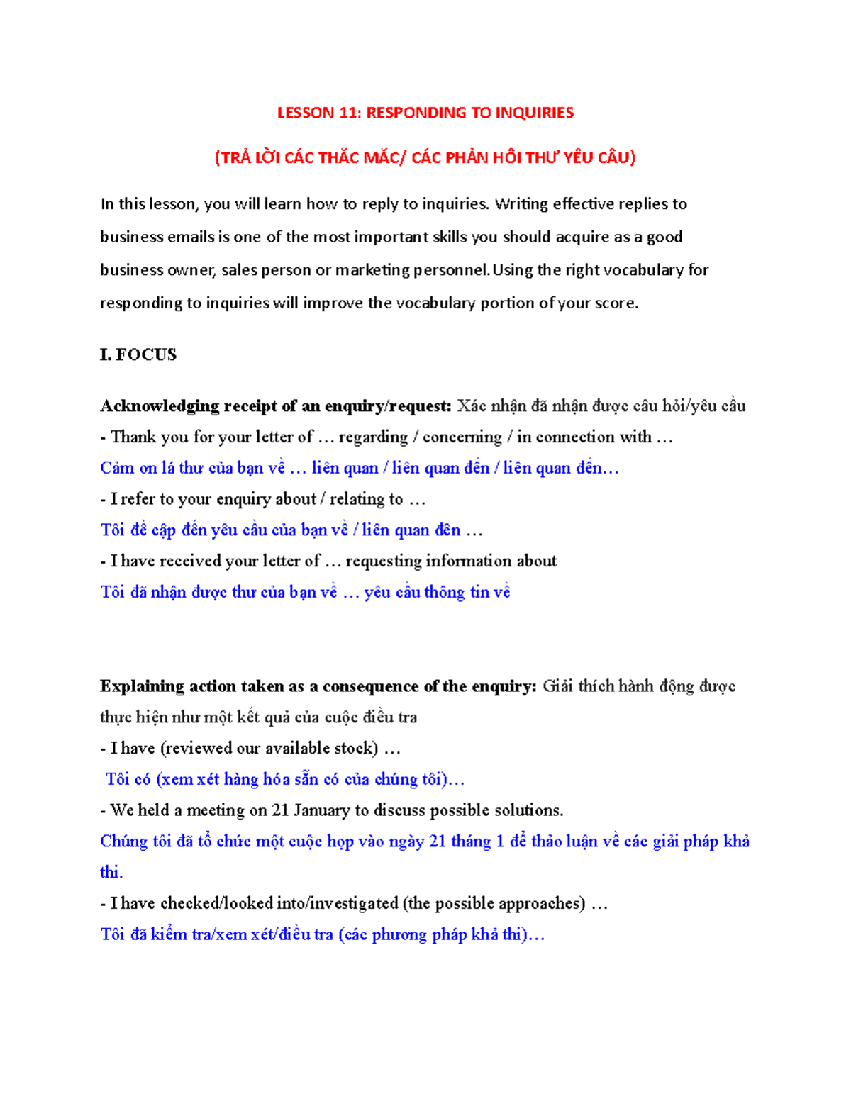 Lesson 11- Write LV3- KEY - LESSON 11: RESPONDING TO INQUIRIES (TR Ả L ...