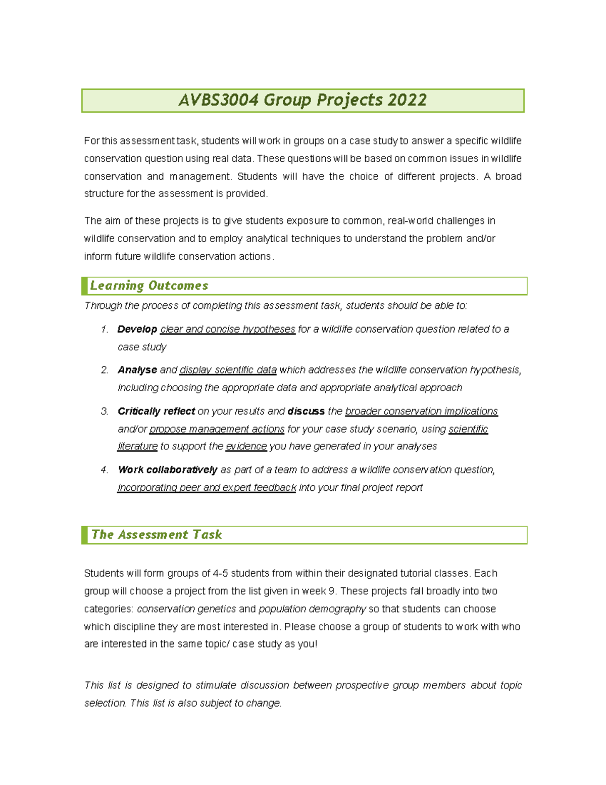 AVBS3004 Group project Assessment Task 2022 - AVBS3004 Group Projects ...
