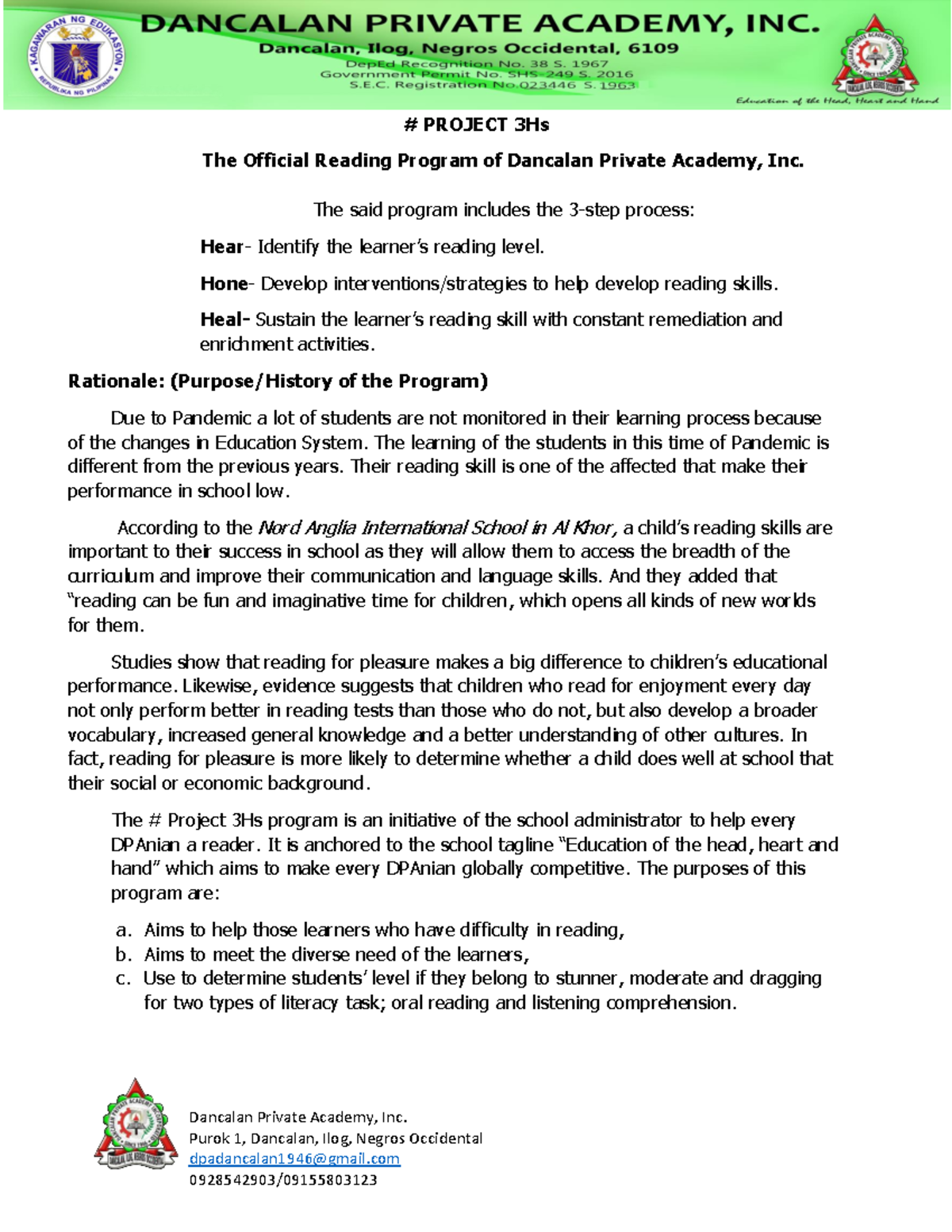 Intervention Project 3H Q1 - Dancalan Private Academy, Inc. Purok 1 ...