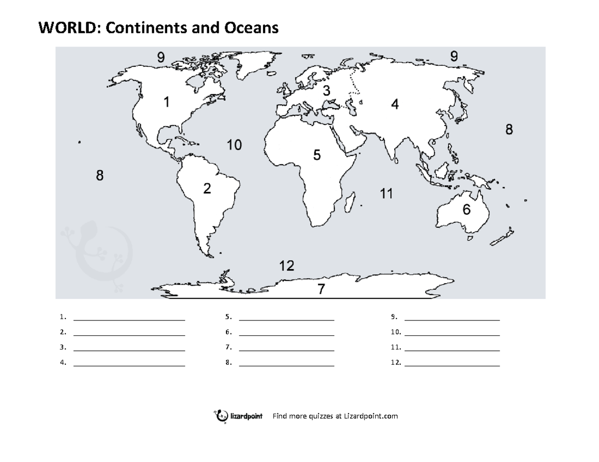 World oceans continents numbered blank - Assessment in Learning 1 ...