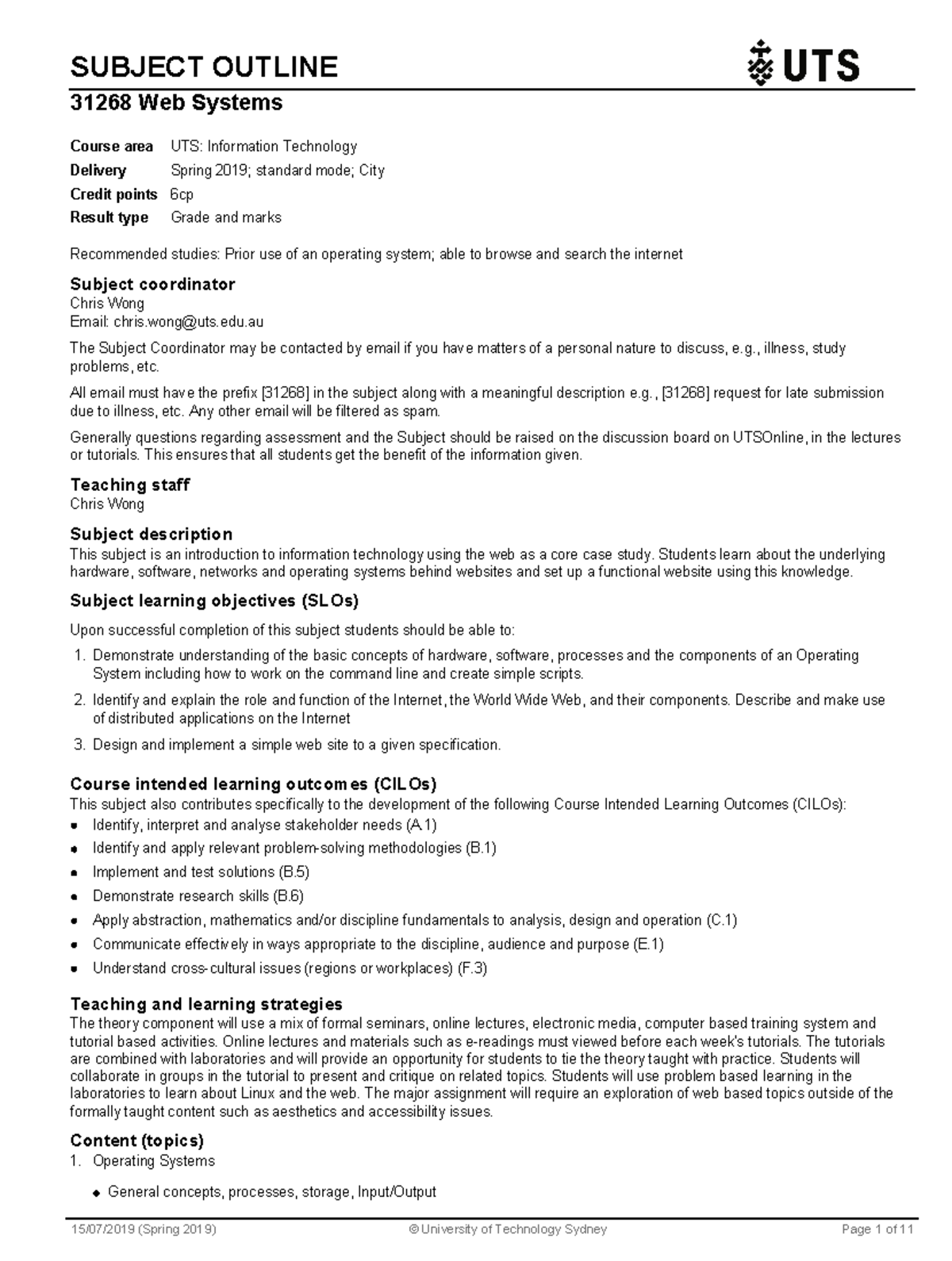 Web Systems Subject Outline - SUBJECT OUTLINE 31268 Web Systems ...