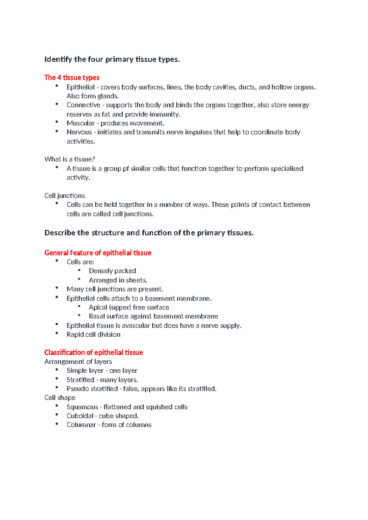 Notes - Identify the four primary tissue types. The 4 tissue types ...
