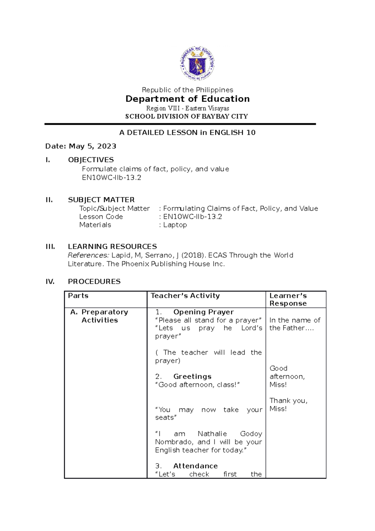 JHS-115 Lesson Plan - Republic of the Philippines Department of ...