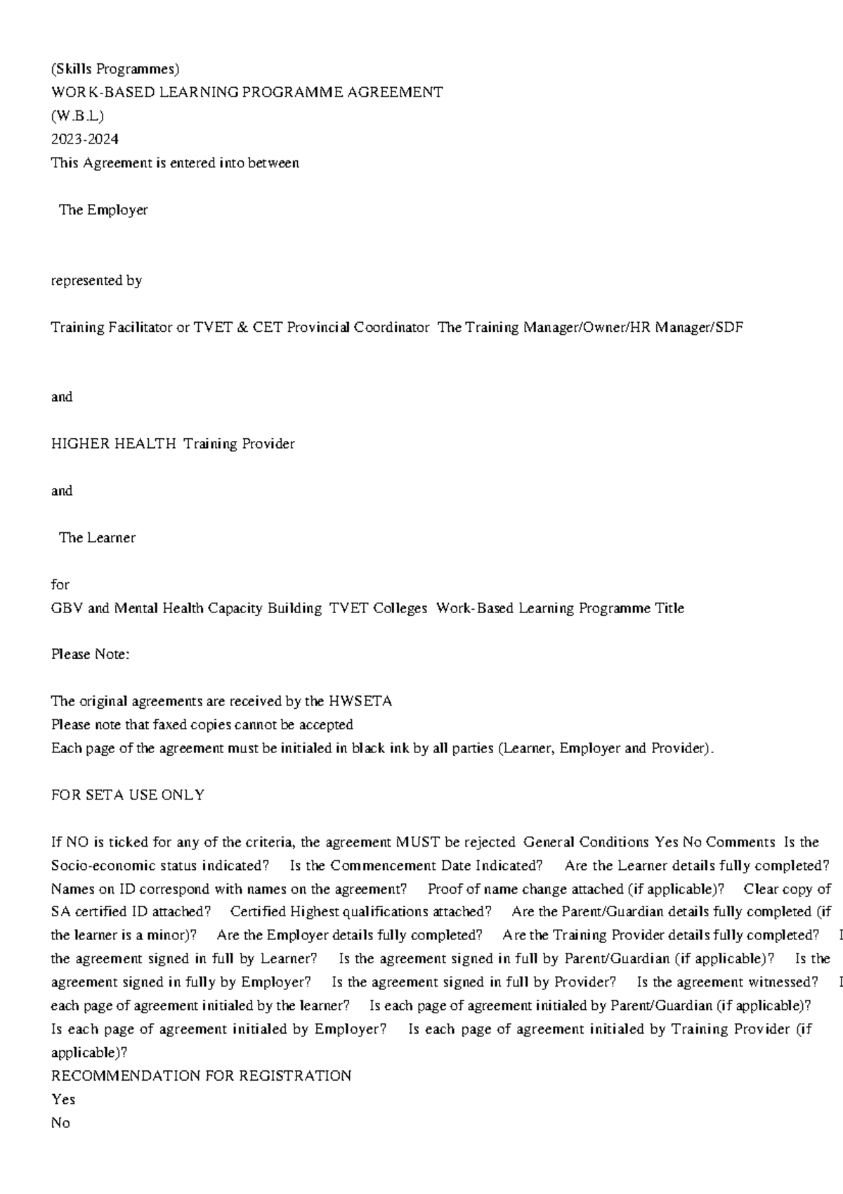 Skills Hwseta Development Programme Learner Agreement (2023-2024) TVETs-CETs-GBV Mental Health ...