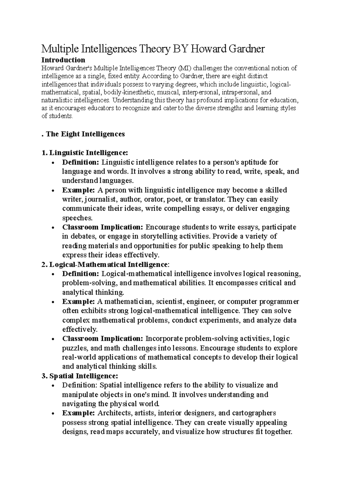 Multiple Intelligences Theory BY Howard Gardner - Multiple ...