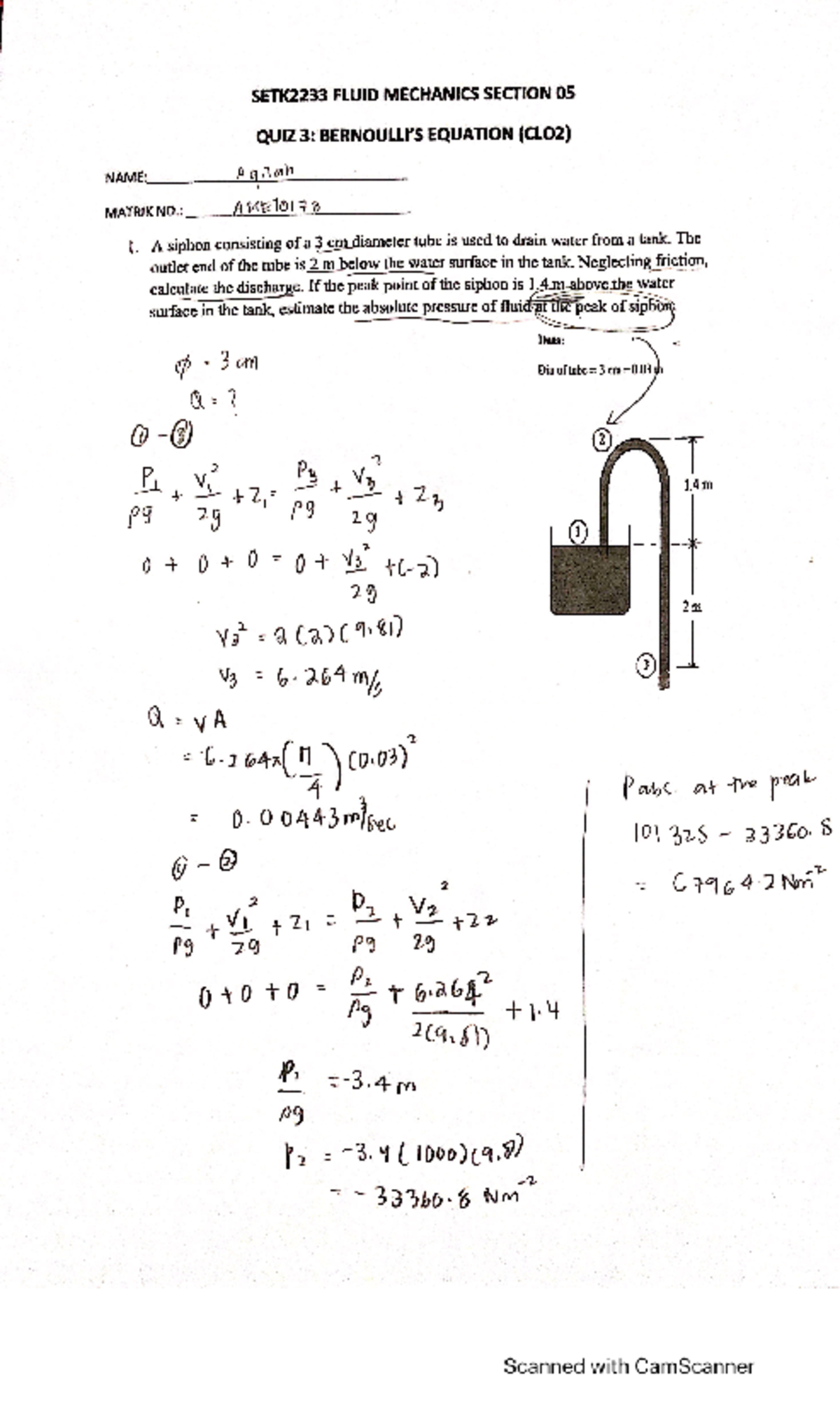 QUIZ 3 - THIS QUIZ IS ABOUT BERNOULLI EQUATION - Fluid Mechanics - Studocu