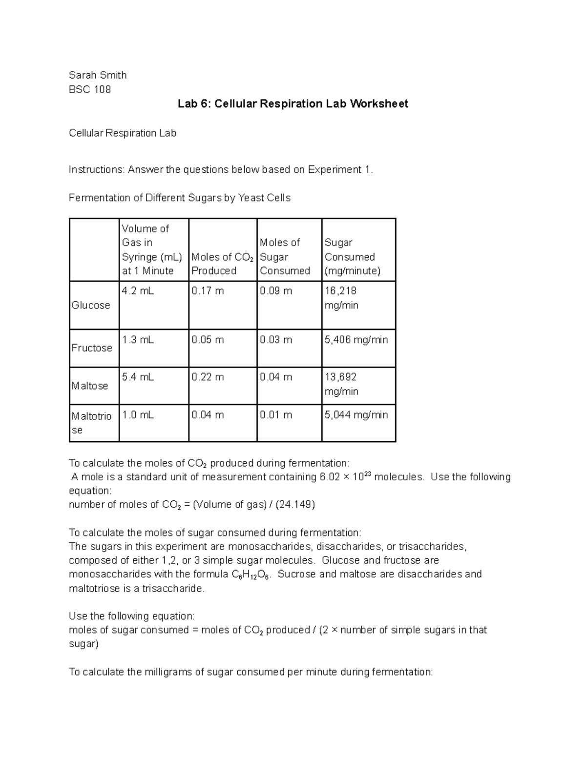 BSC 108 Lab 6 - Lab 6 for BSC108 at the University of Alabama - Sarah ...