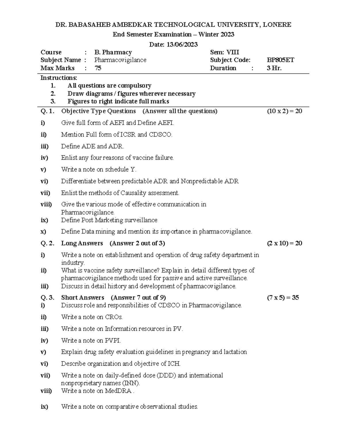 BP805ET 1 university exam question paper - DR. BABASAHEB AMBEDKAR ...