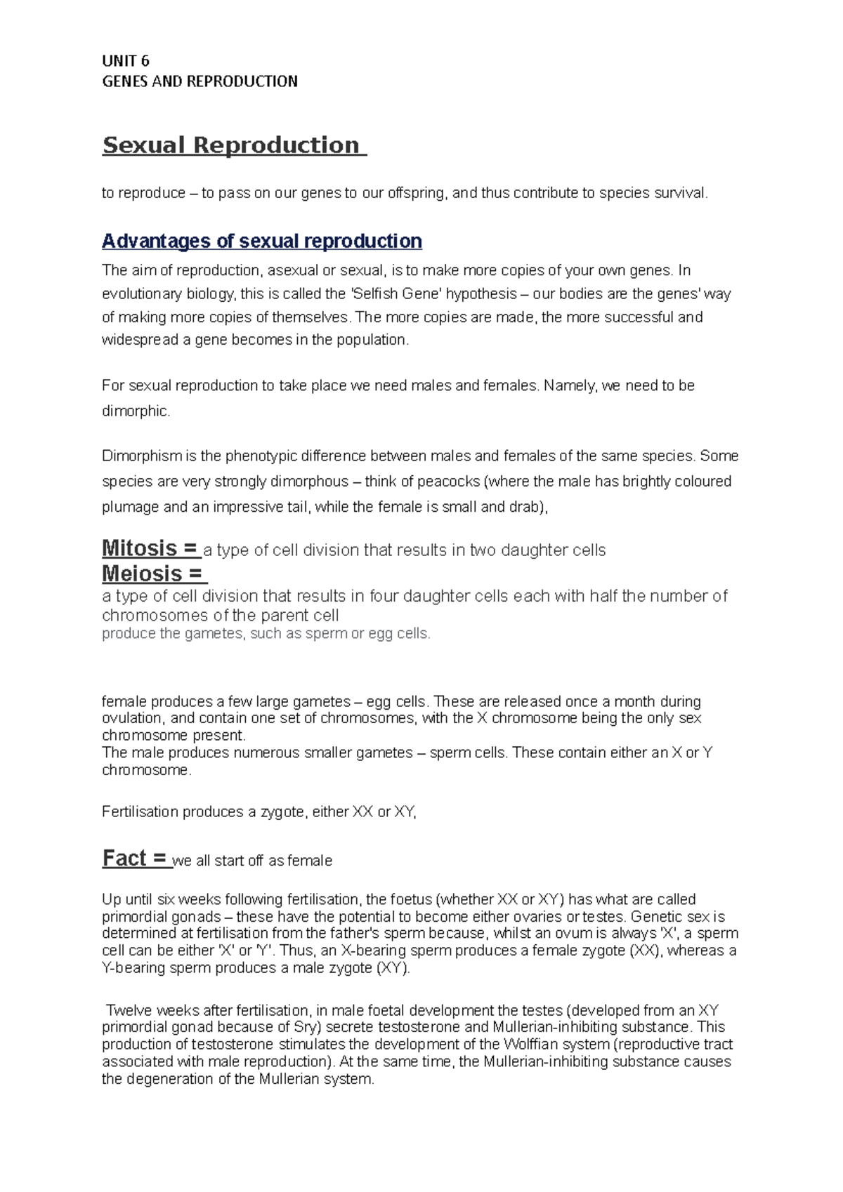 GENES AND REPRODUCTION - UNIT 6 GENES AND REPRODUCTION Sexual ...