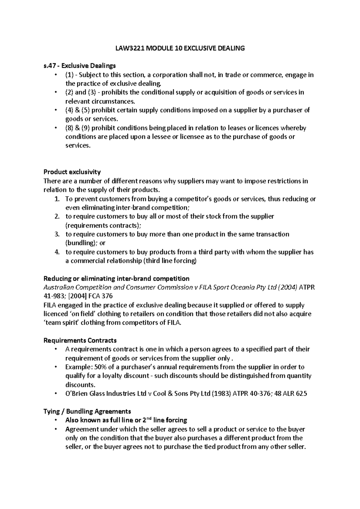 Week 10 Exclusive Dealing - LAW3221 MODULE 10 EXCLUSIVE DEALING s ...