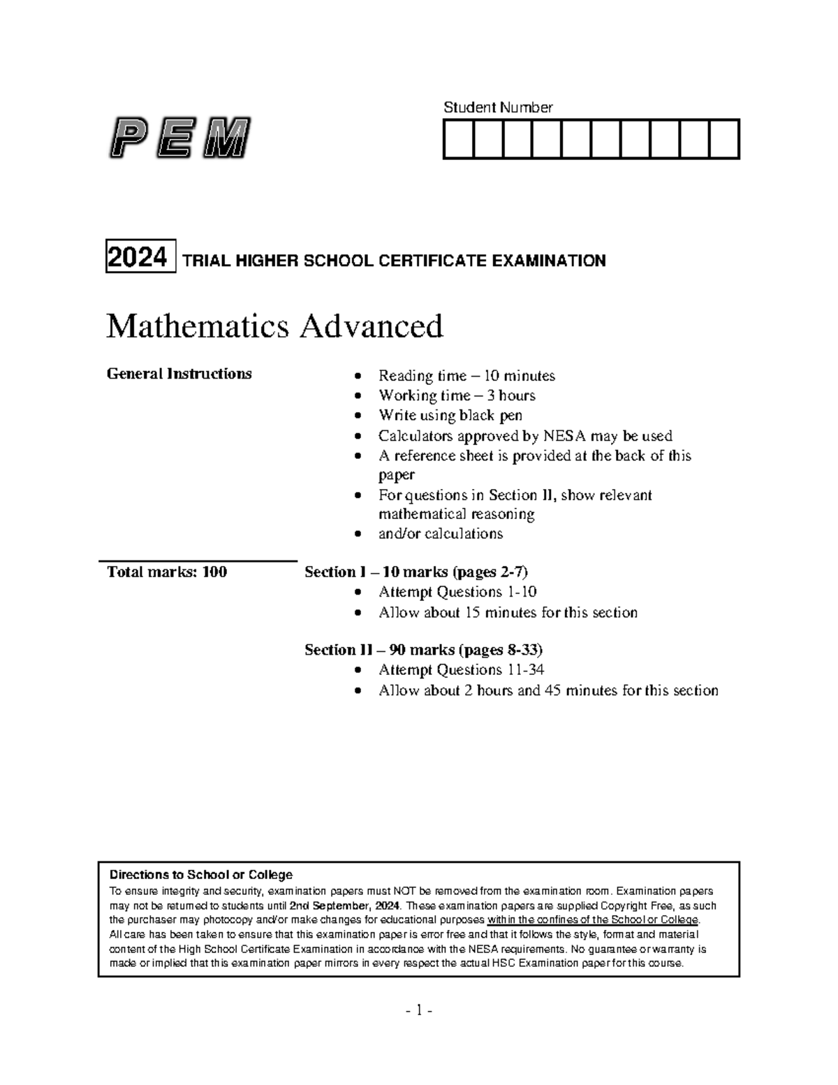 2024 PEM Mathematics Advanced Trial HSC Examination Paper - Student ...