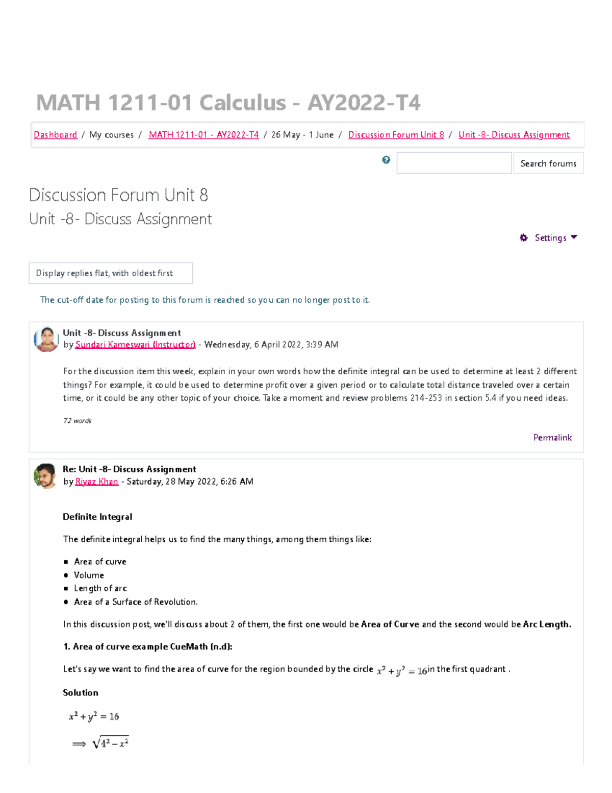 MATH 1211-01 - AY2022-T4 Unit -8- Discuss Assignment - MATH 1211-01 Calculus - AY2022-T ...