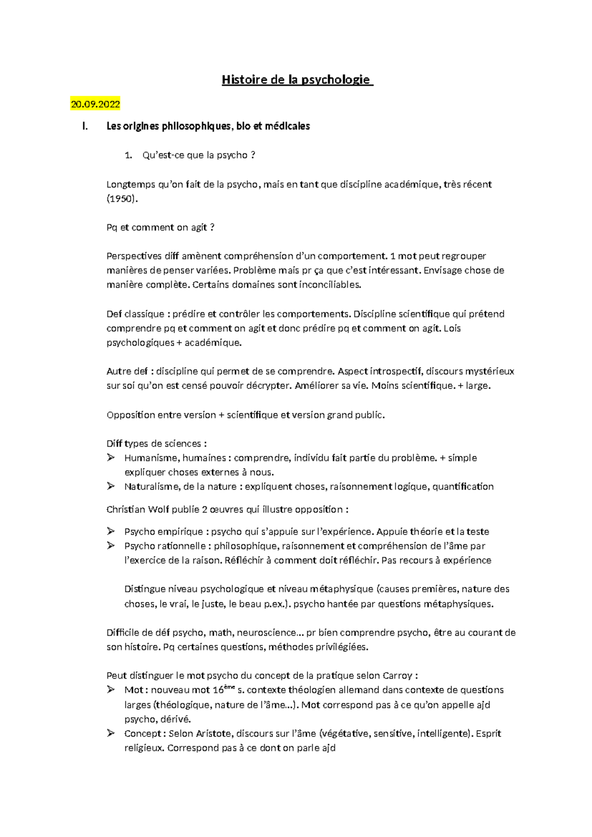 Histoire de la psychologie 2022-2023 - Histoire de la psychologie 20. I ...