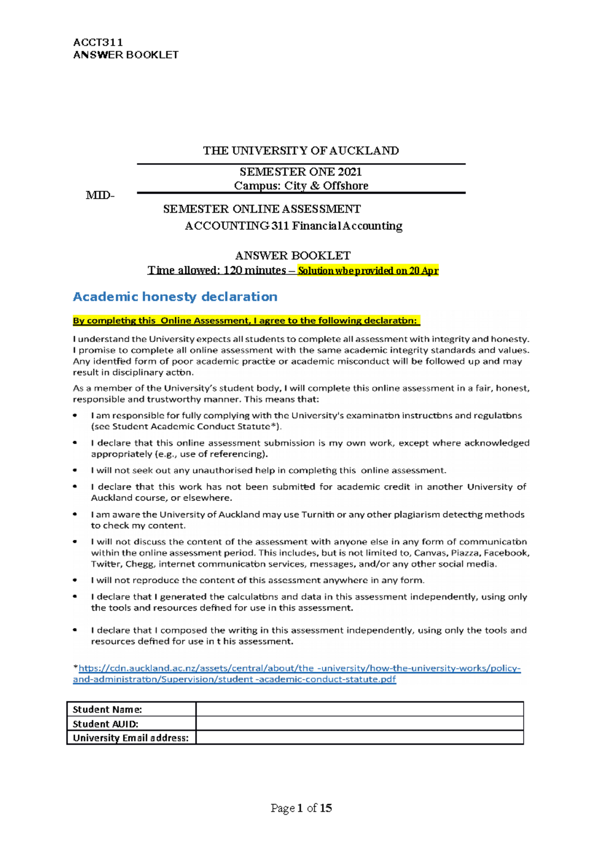 S1 2021 Answer booklet - ACCT ANSWER BOOKLET THE UNIVERSITY OF AUCKLAND ...