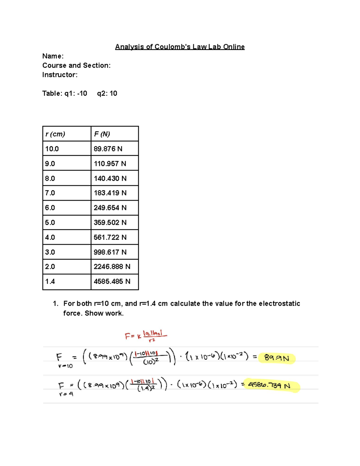 Analysis of Coulomb's Law Lab Online-2 - Analysis of Coulomb's Law Lab ...