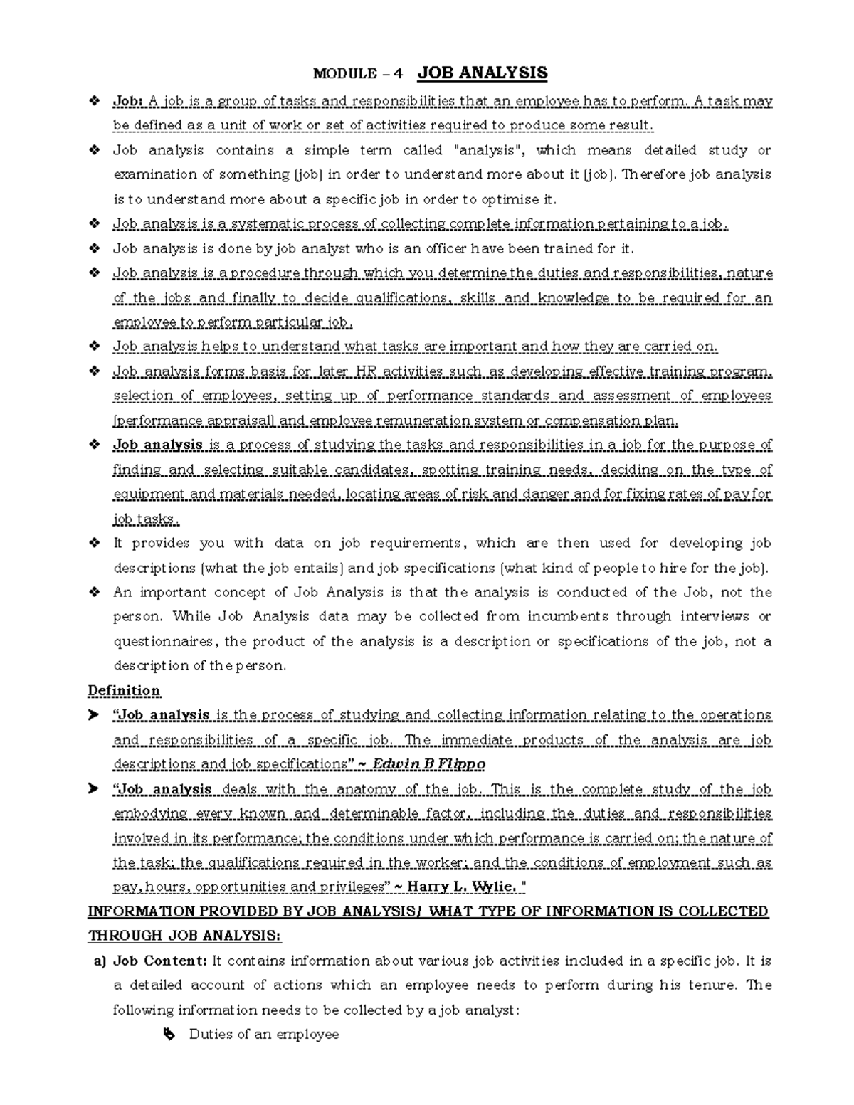 HRM 4 - Hrm notes - MODULE – 4 JOB ANALYSIS Job: A job is a group of ...