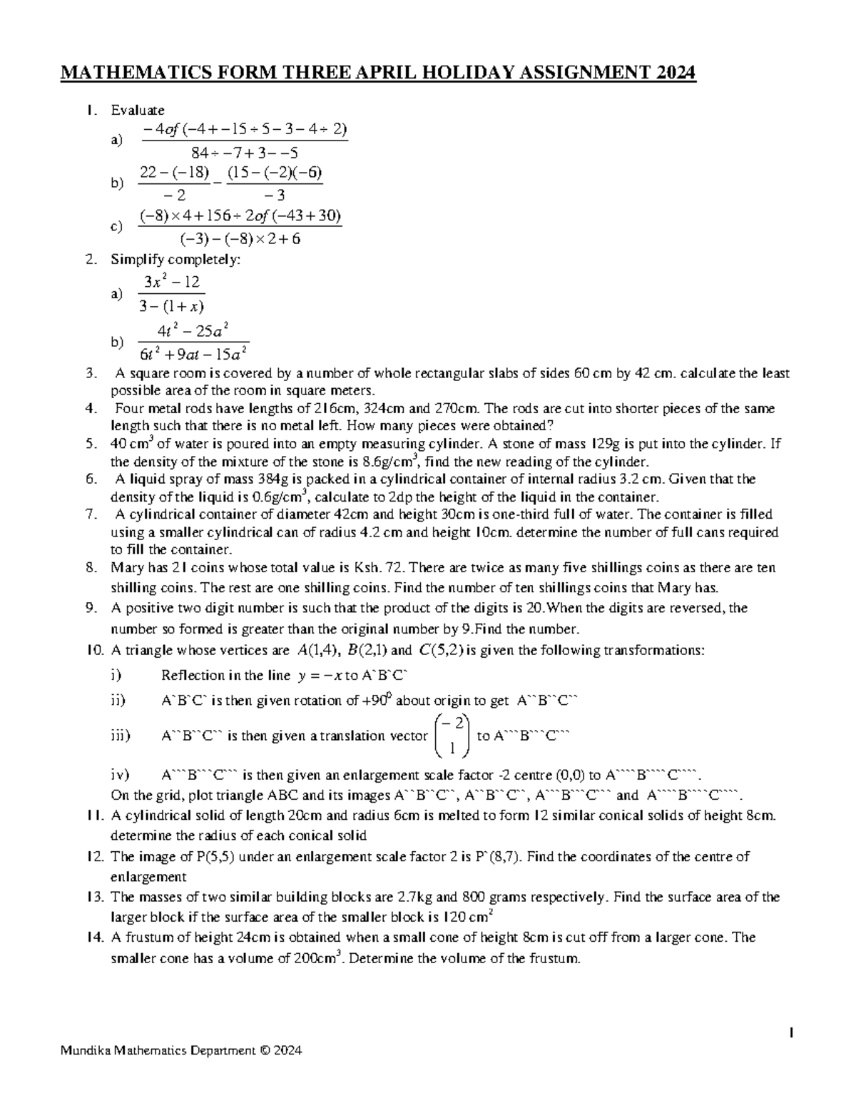 MATH FORM Three April Holiday Assignment 2024 - 1 MATHEMATICS FORM ...