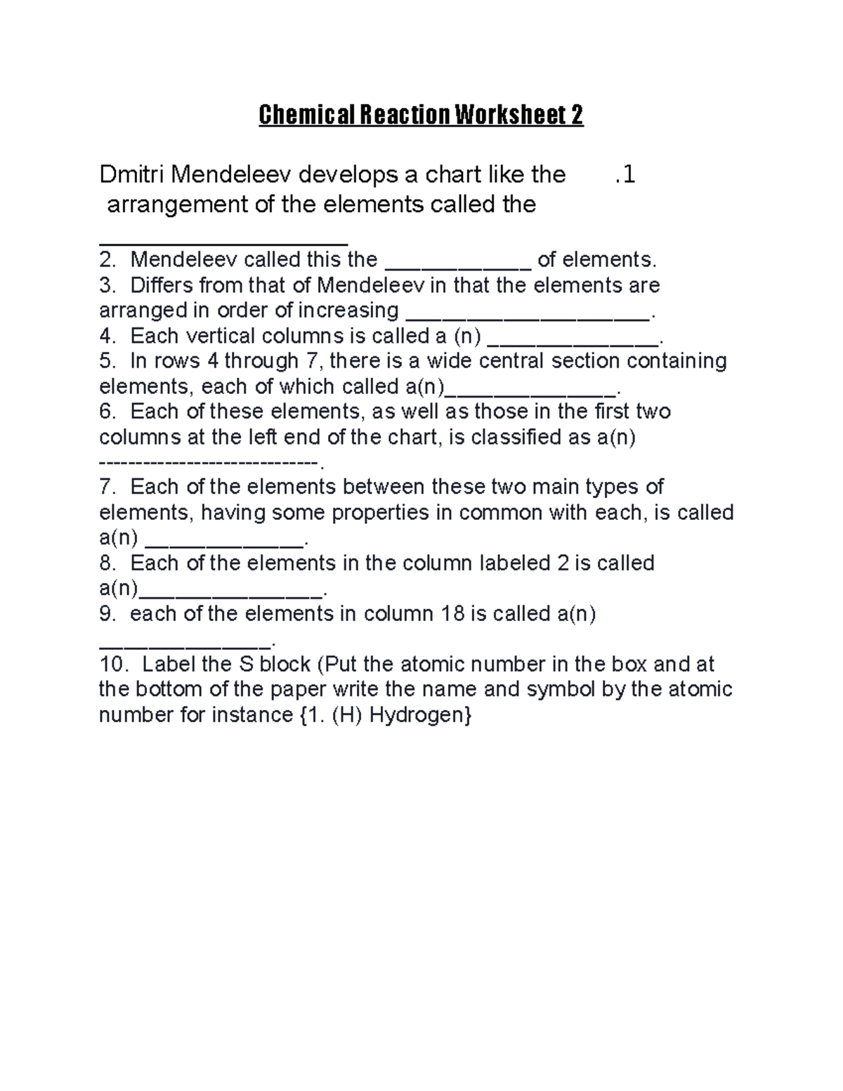 Chemical Reaction Worksheet 2 - 1 arrangement of the elements called ...