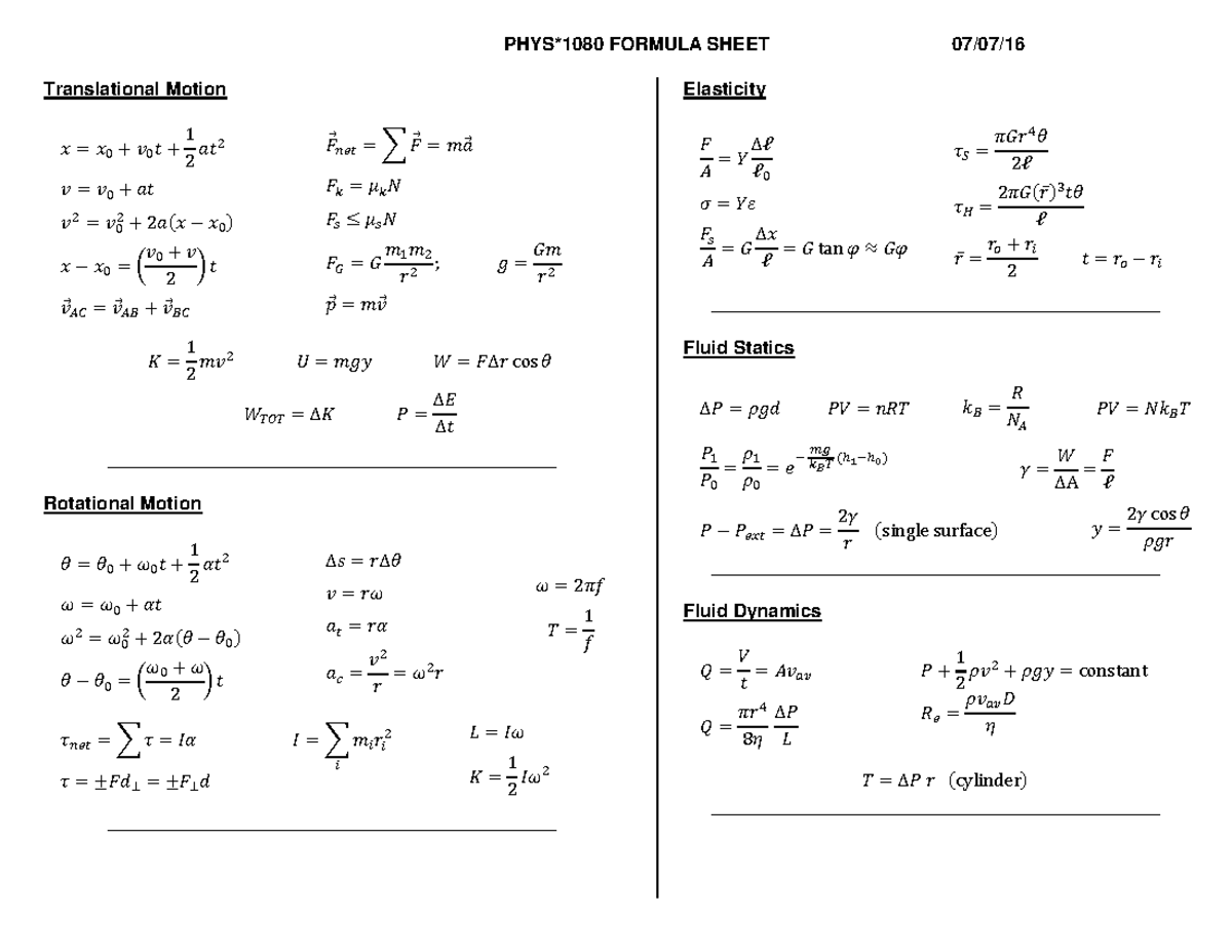 Formula Sheet for Translational Motion Elasticity Rotational Motion ...