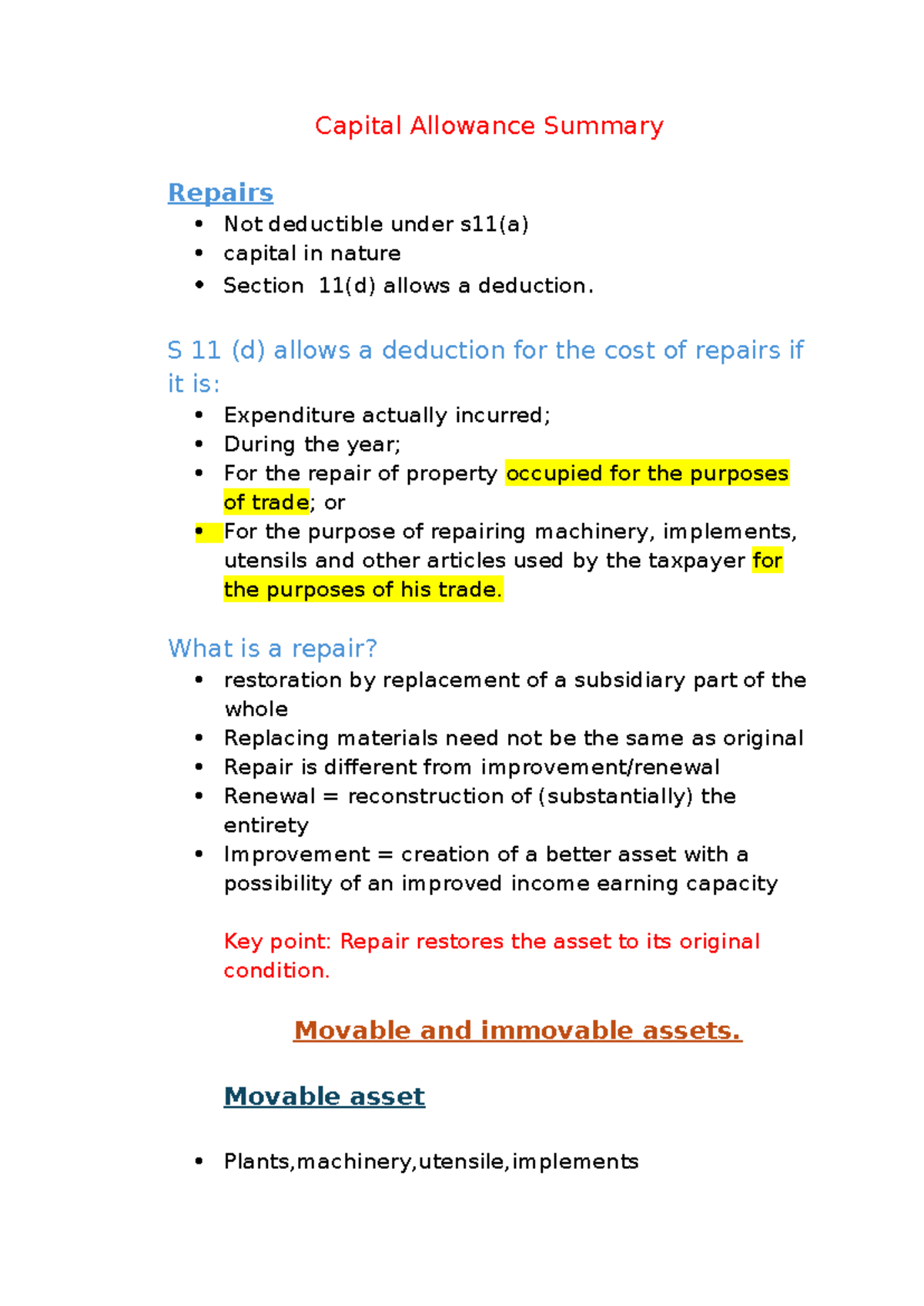 Capital Allowance Summary - Capital Allowance Summary Repairs Not ...